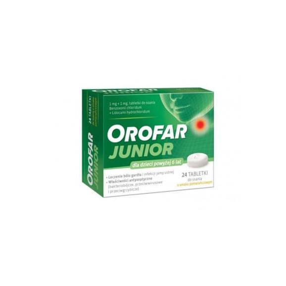 Orofar Junior, 1 mg+1 mg, tabletki do ssania, 24 szt. Orofar Junior, 1 mg+1 mg, tabletki do ssania, 24 szt.